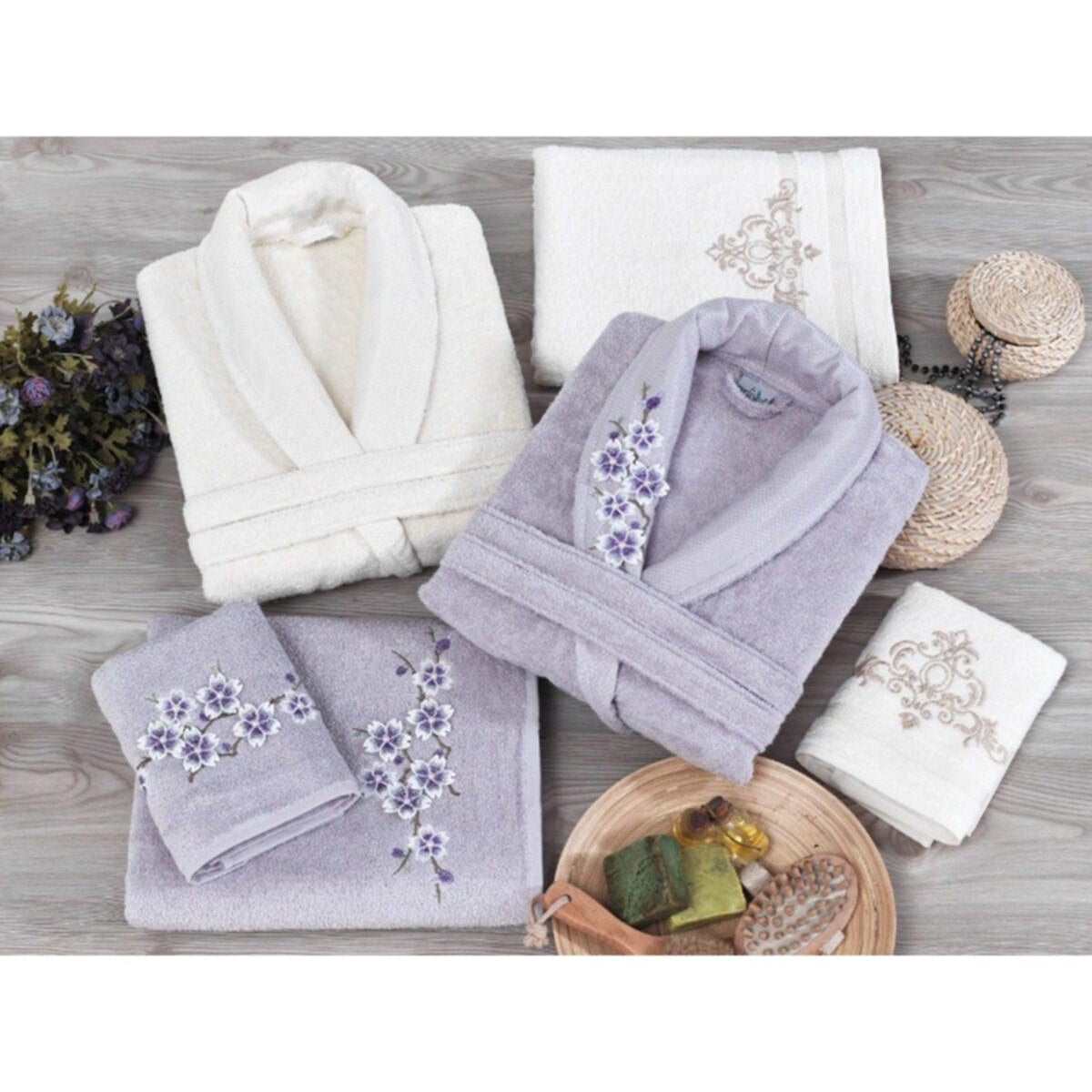 Embroidered Family Bathrobe Set Lilac Cream Arliva Bamboo 3d – Swordslife
